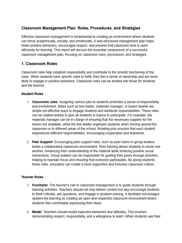 Classroom Management Plan - Roles, Procedures, and Strategies | PDF ...