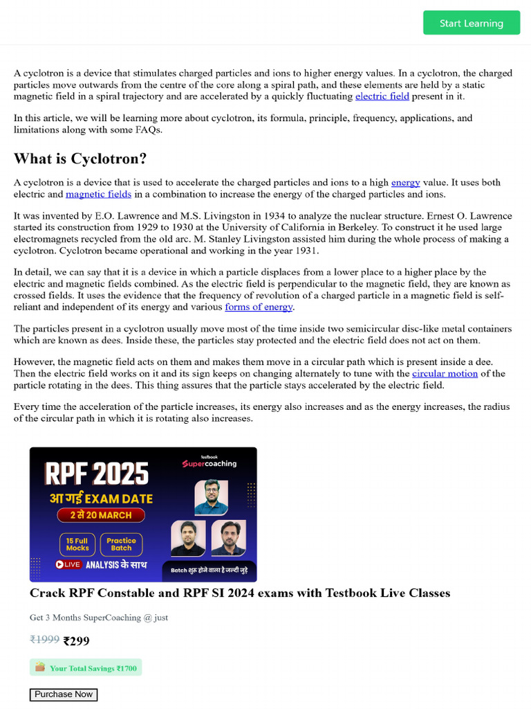 Cyclotron - Diagram, Principle, Construction, Working, and Uses | PDF