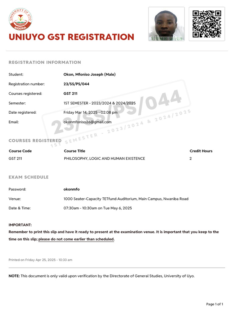 UNIUYO GST Registration Form - (Okon, Mfoniso Joseph) 1ST SEMESTER - 2023 - 2024 & 2024 - 2025 | PDF
