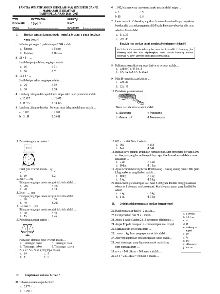 Soal MTK KLS 3 Sas 2024 | PDF