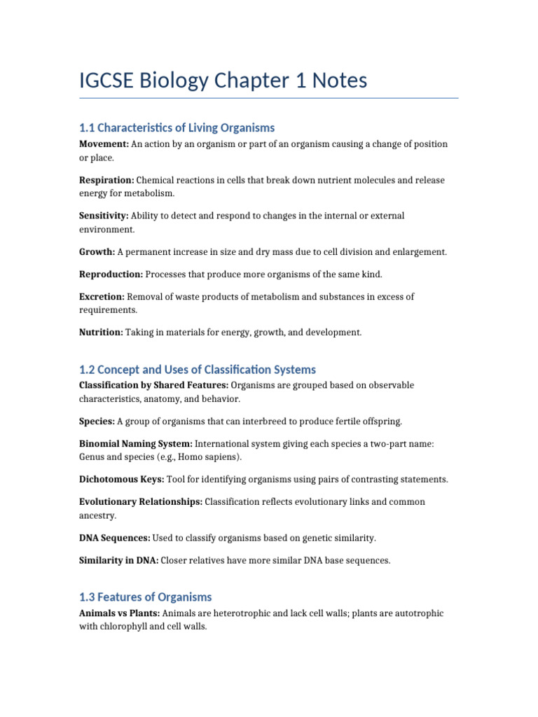 IGCSE Biology Chapter 1 Notes | PDF