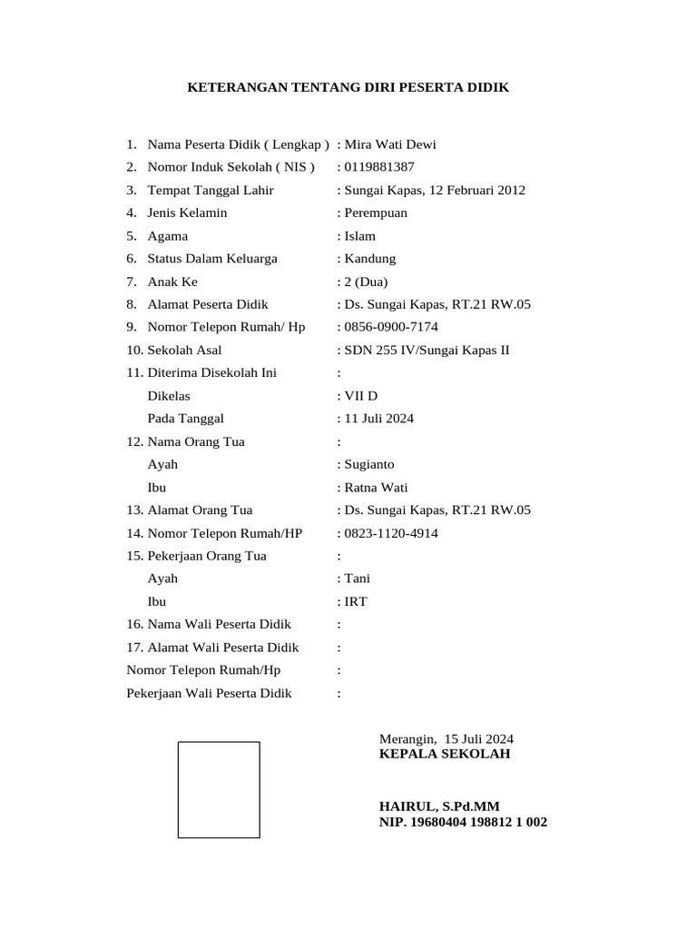 Keterangan Tentang Diri Peserta Didik Mira | PDF