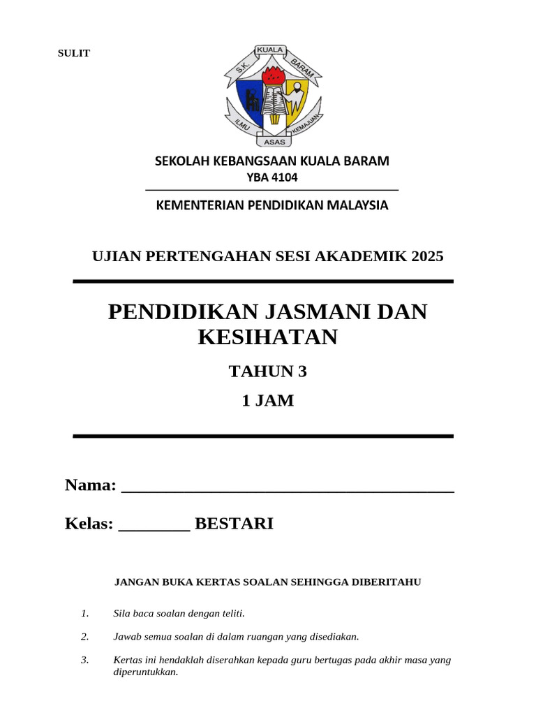 Muka Depan Pentaksiran Seragam Upsa SKKB 2025 | PDF