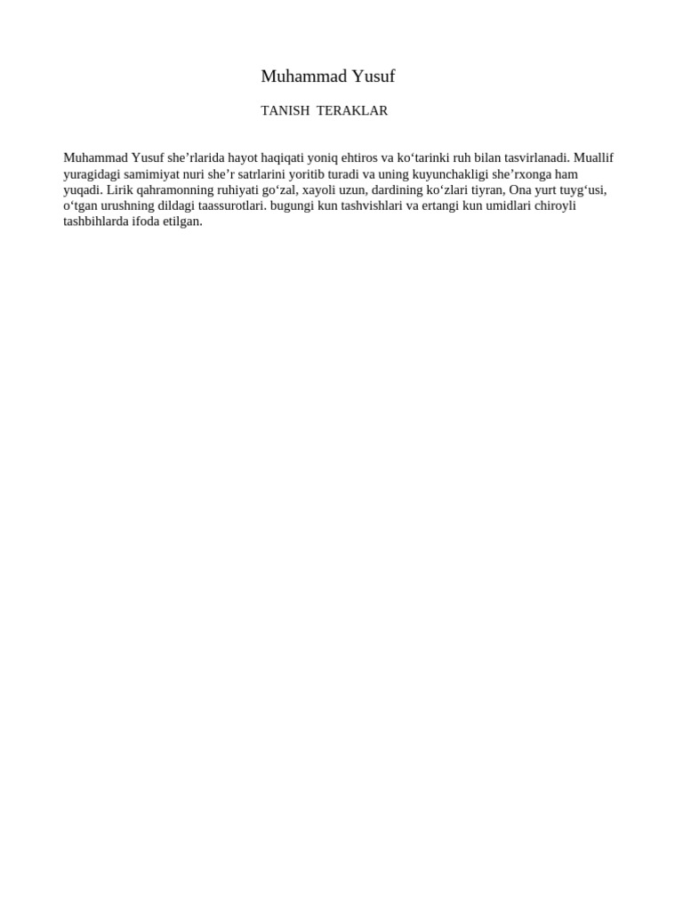 Muhammad Yusuf. Tanish teraklar | PDF