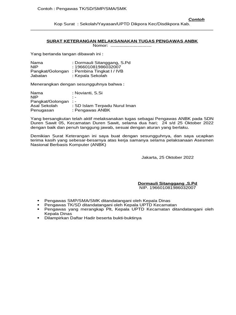 Surat Keterangan Pengawas Anbk | PDF
