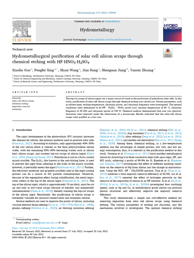 Hydrometallurgical purification of solar cell silicon scraps through ...