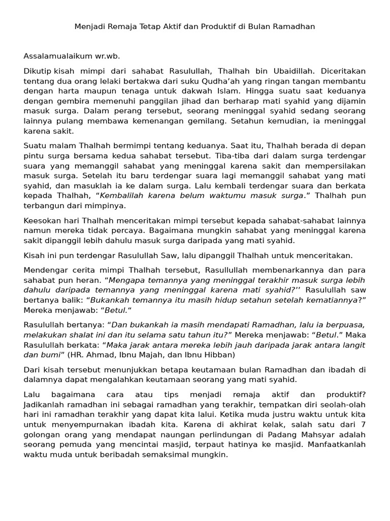 Menjadi Remaja Tetap Aktif Dan Produktif Di Bulan Ramadhan | PDF