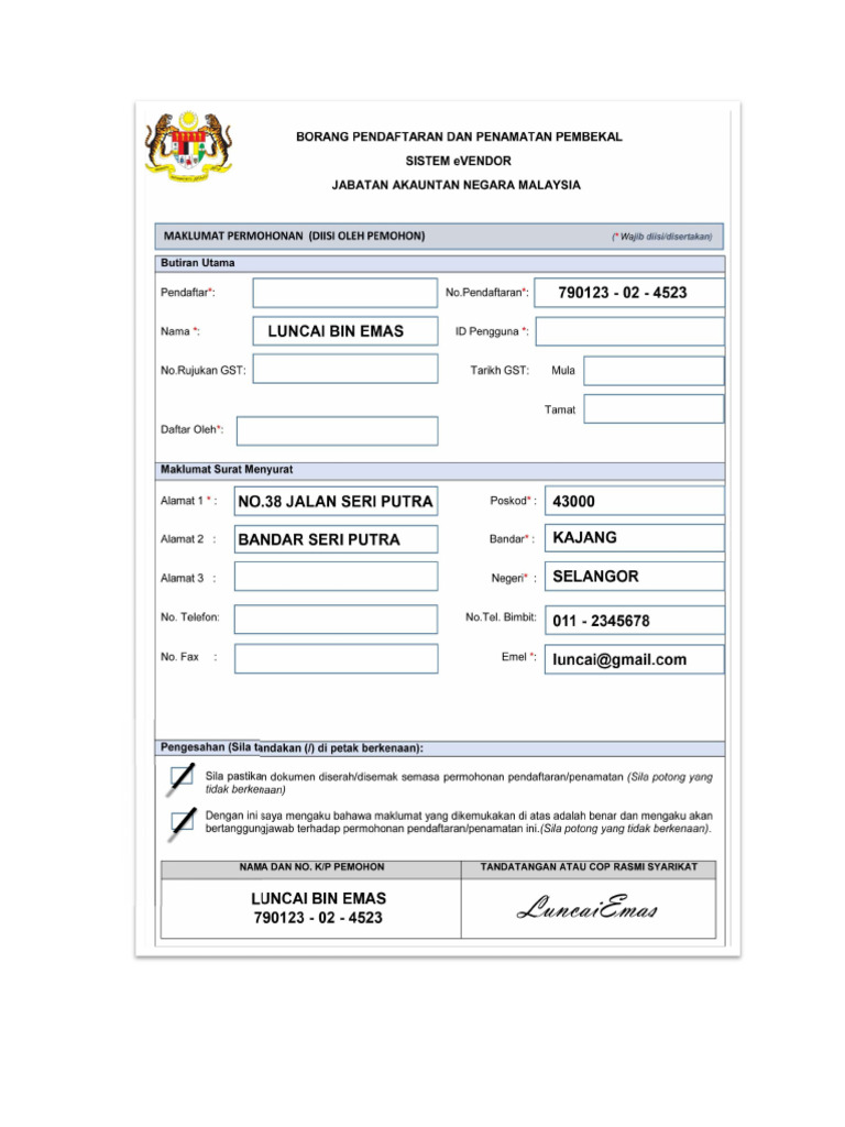 Contoh Pengisian Borang Evendor | PDF