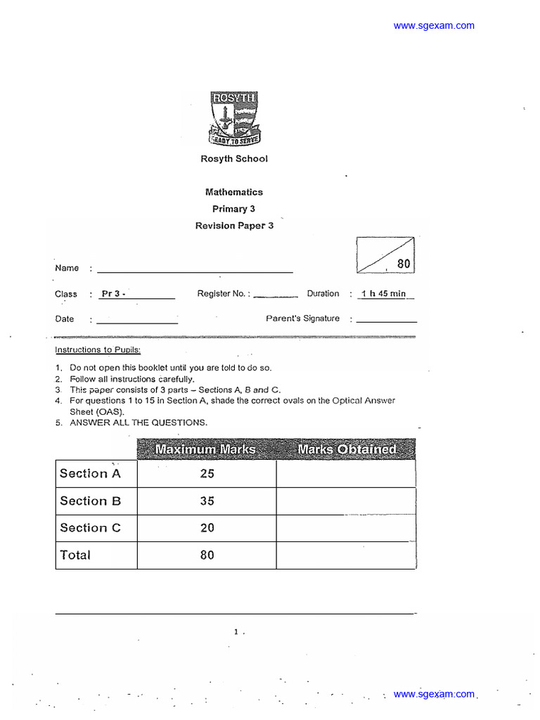 2023-P3-Maths-End Of Year Exam-Rosyth | PDF