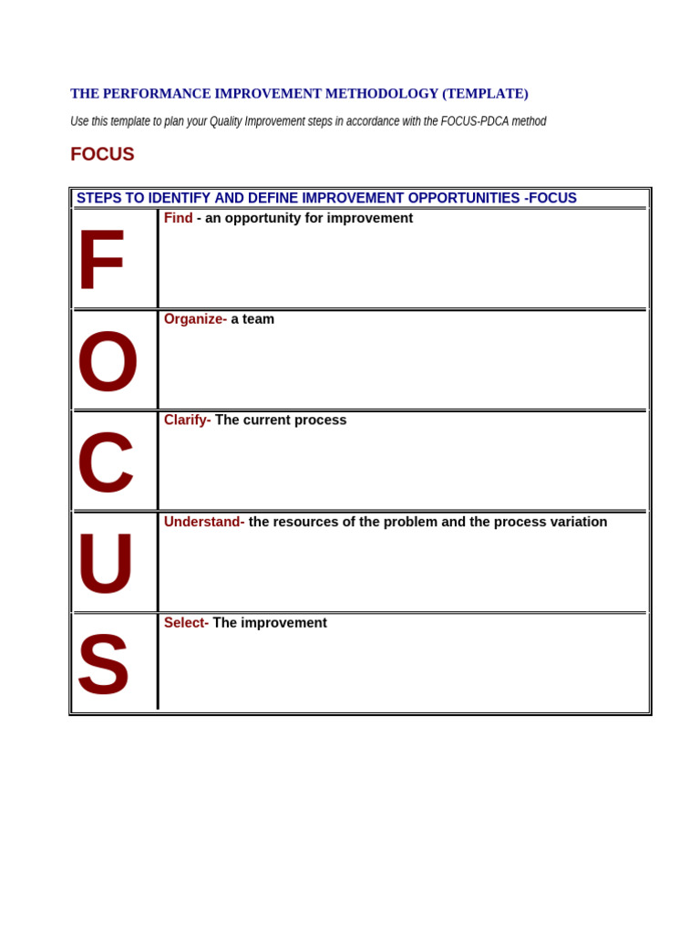 FOCUS-PDCA Template (Empty) | PDF