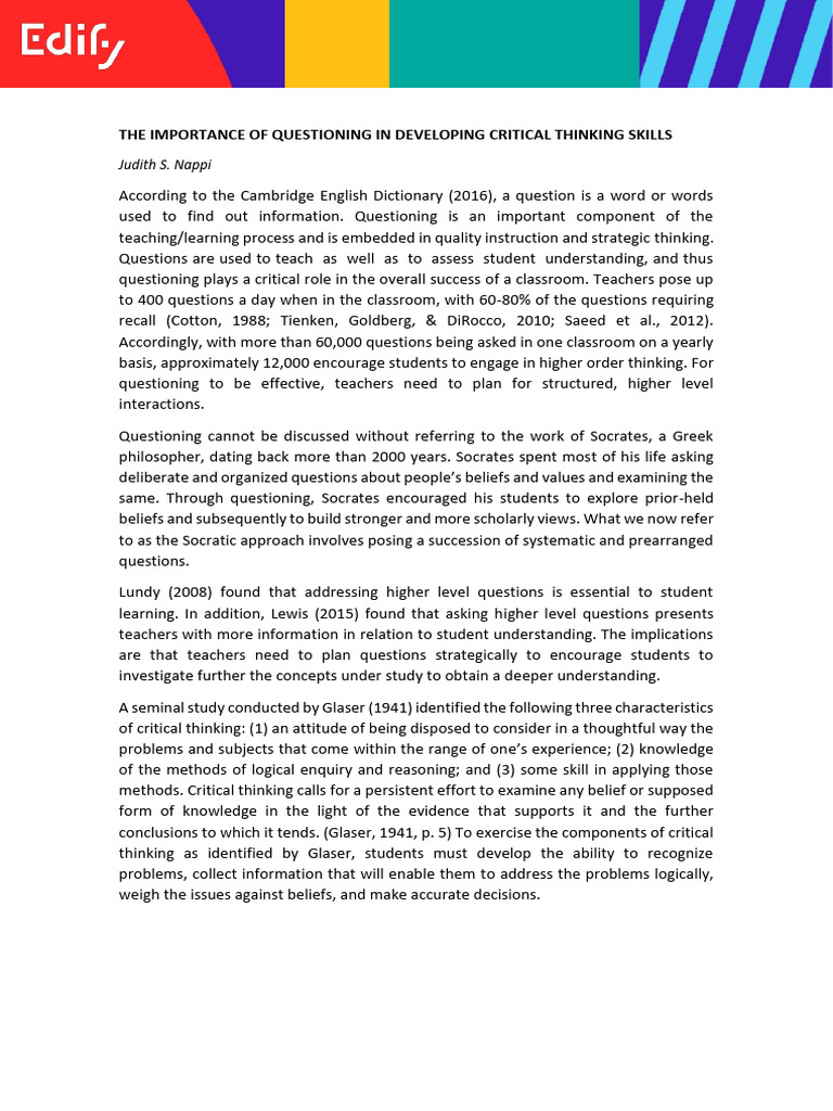 Importance of Questioning for Critical Thinking | PDF | Critical ...
