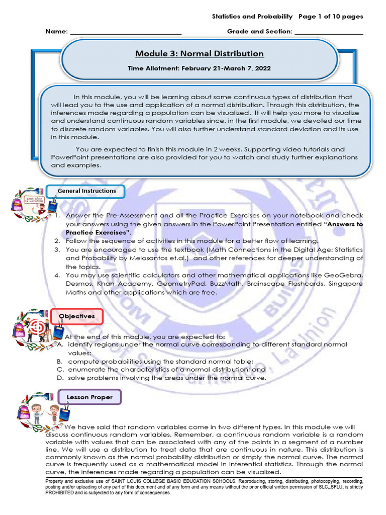 Statistics and Probability Module 10 | PDF | Normal Distribution ...
