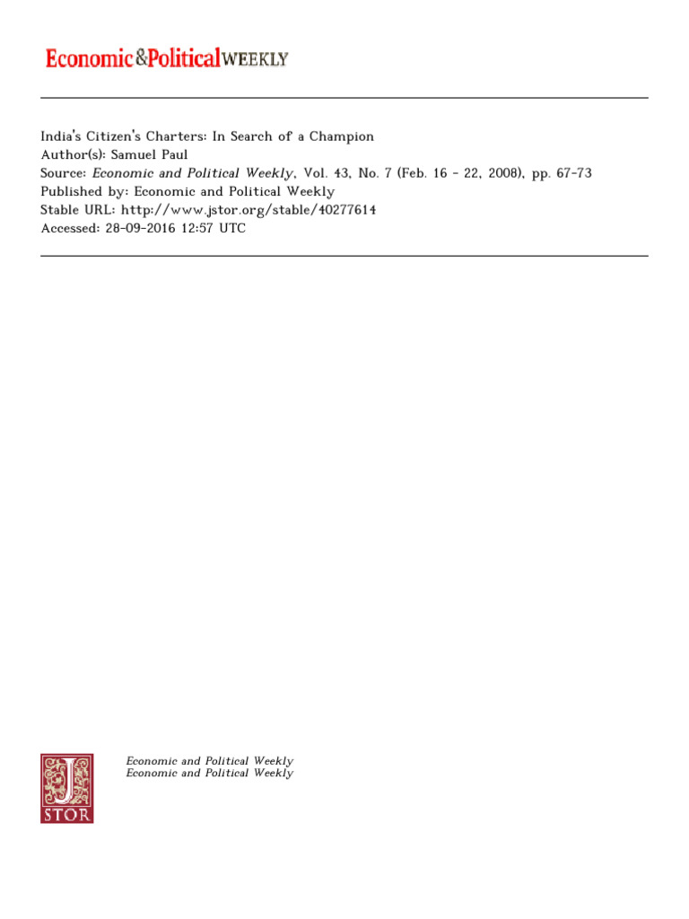 Samuel Paul, 'India's Citizen's Charters - in Search of A Champion' | PDF