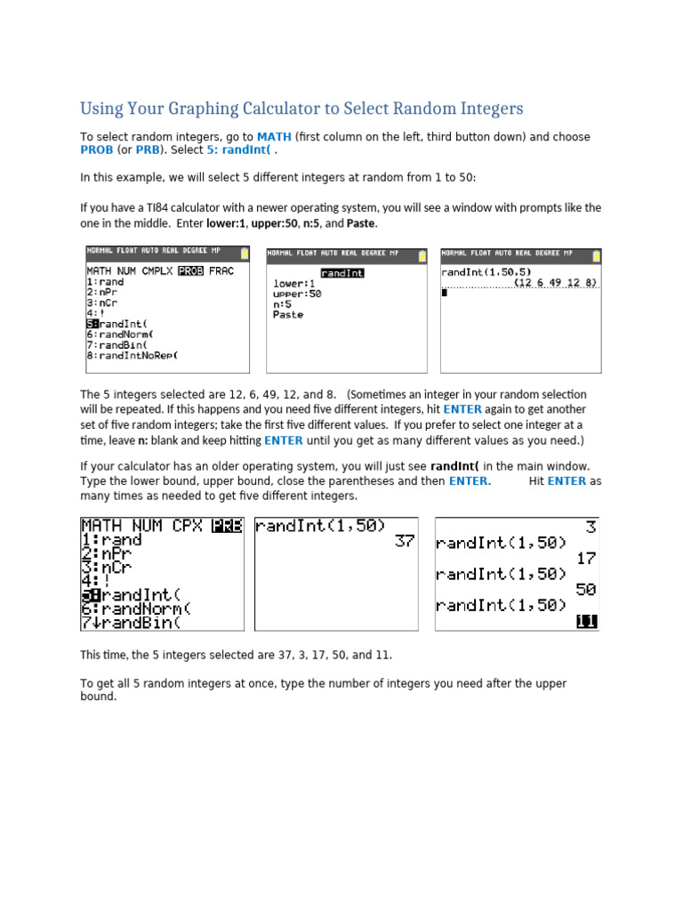Using Your Graphing Calculator To Select Random Integers - ACC-1 | PDF