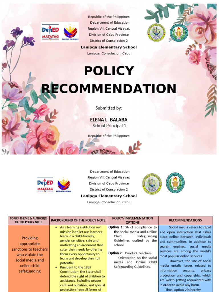 Lanipga Es Policy-Recommendation | PDF | Teachers | Social Ethics
