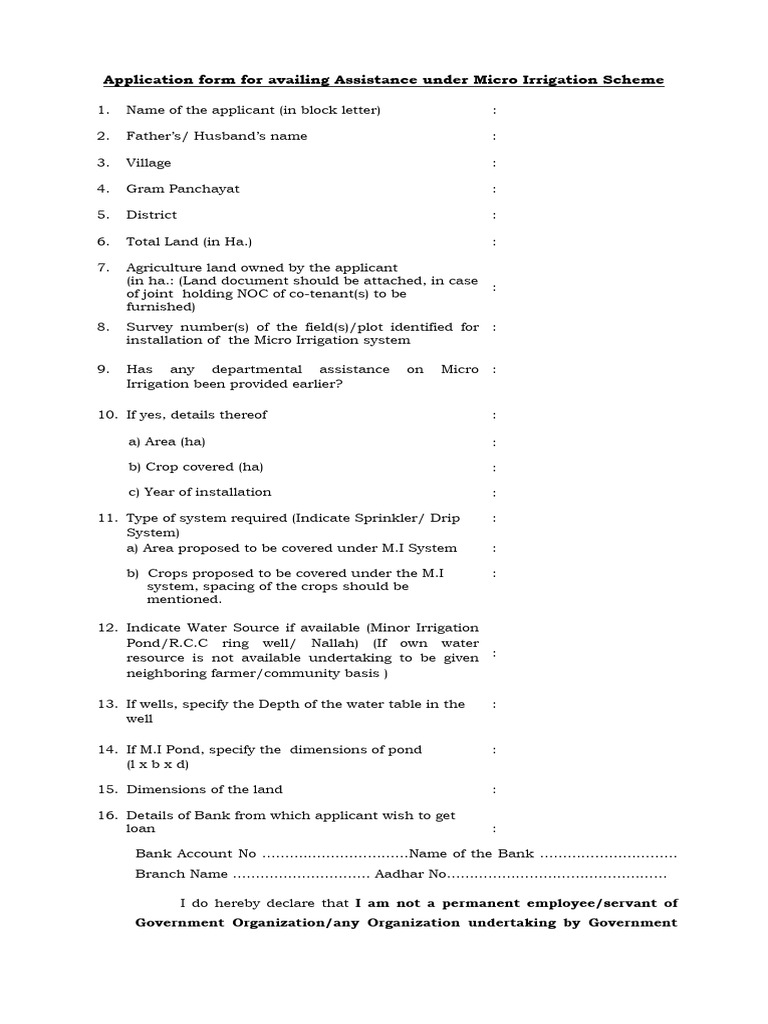 Application Form For Availing Assistance Under Micro Irrigation Scheme ...