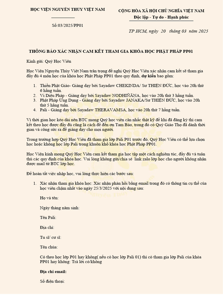 Thông báo xác nhận tham gia lớp PP01 | PDF