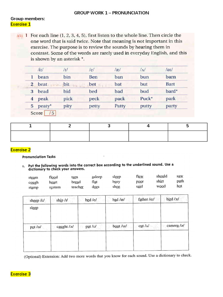 Group Work 1 - Pronunciation Group Members: Exercise 1 | PDF