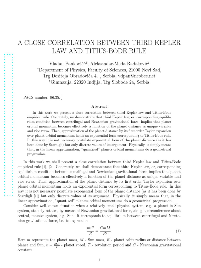 A Close Correlation Between Third Kepler Law and Titius-Bode Rule - Vladan Pankovic | PDF ...