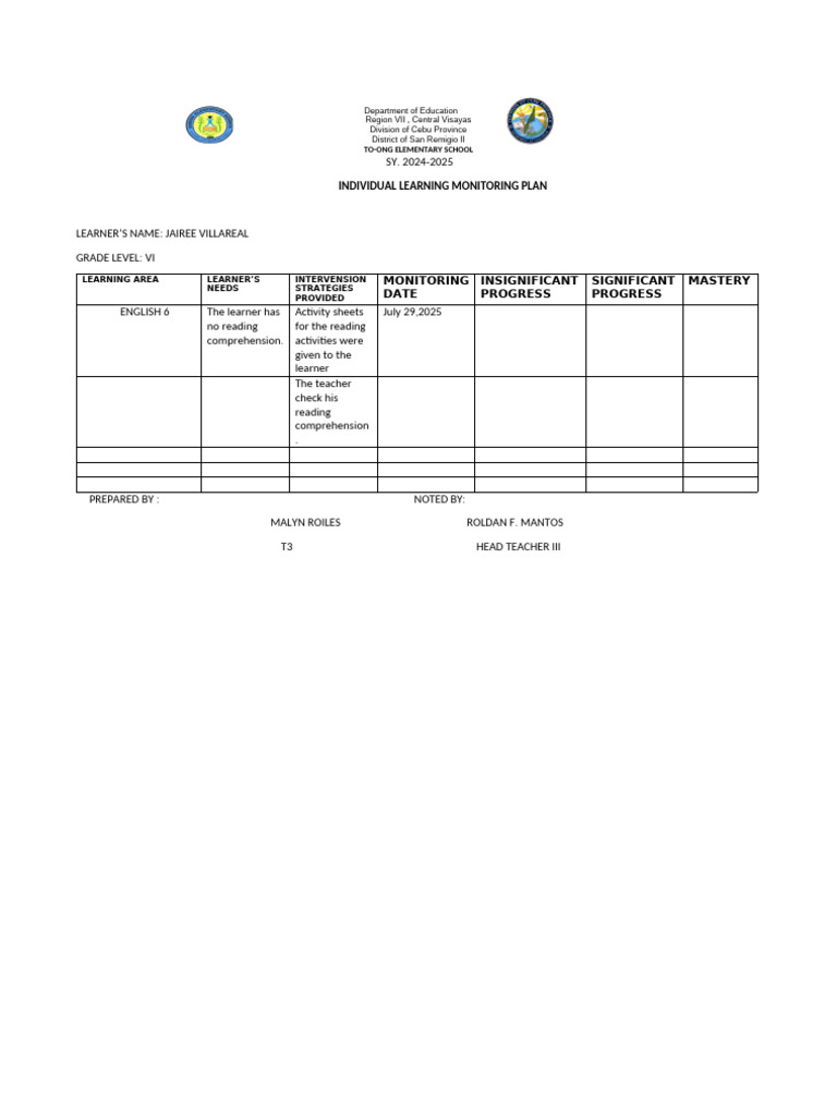 Individual Learning Plan for Jairee Villareal | PDF