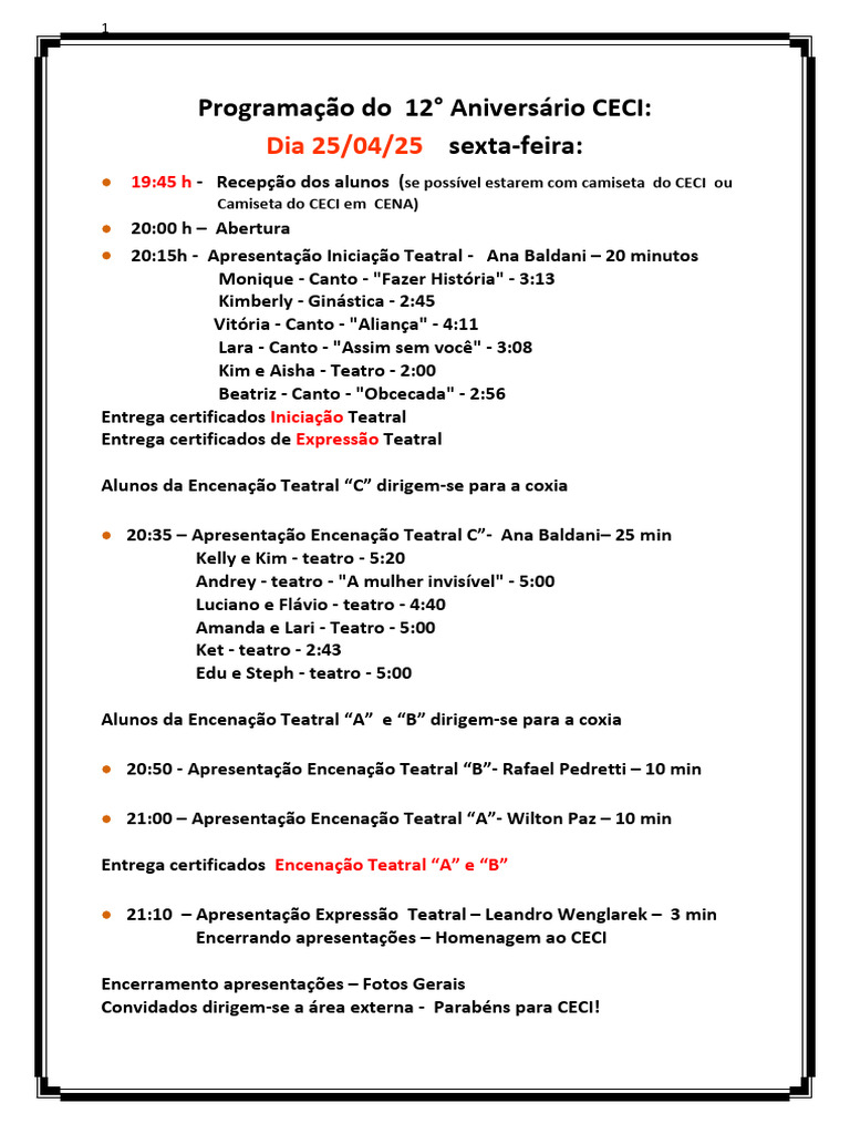 Programacao 12 Anos Ceci | PDF