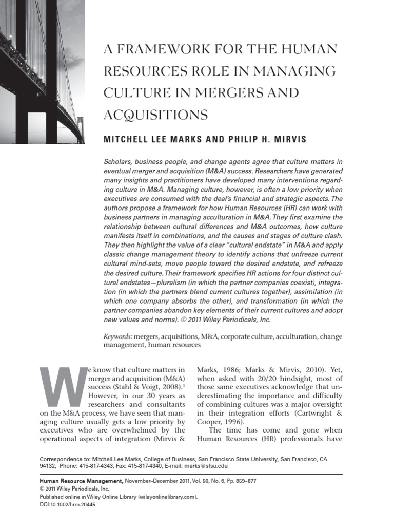A framework for the human resources role in managing culture in mergers and acquisitions | PDF ...