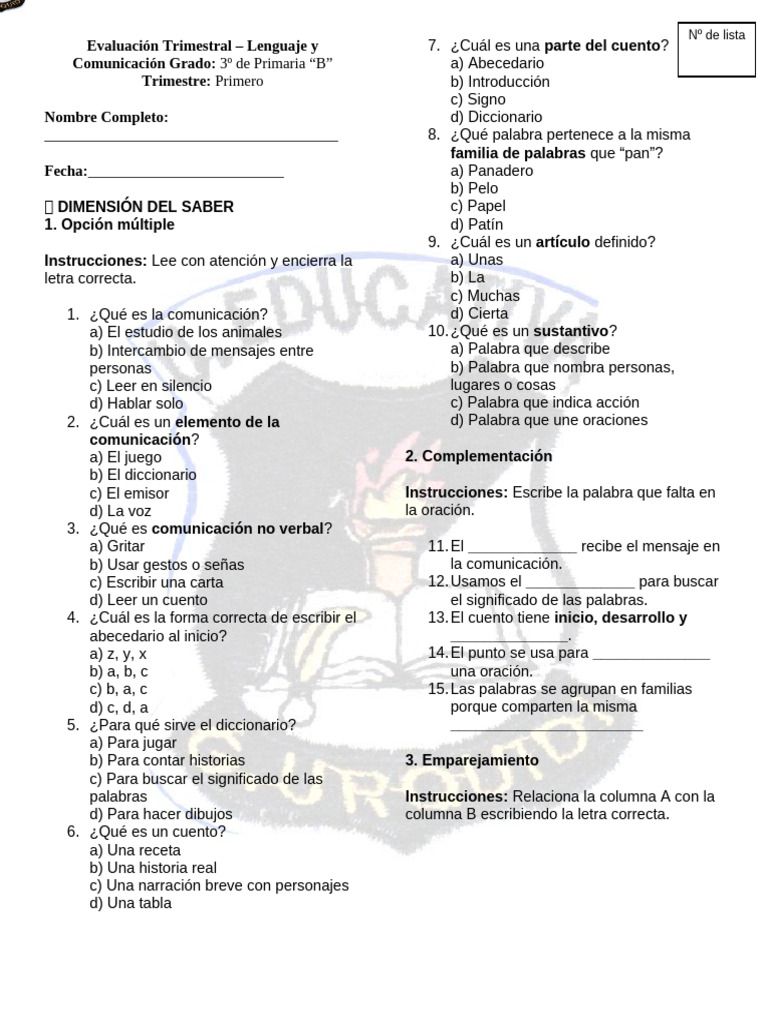 Evaluacion de Lenguaje 1º Trimestre 3B 2025 | PDF | Comunicación | Palabra