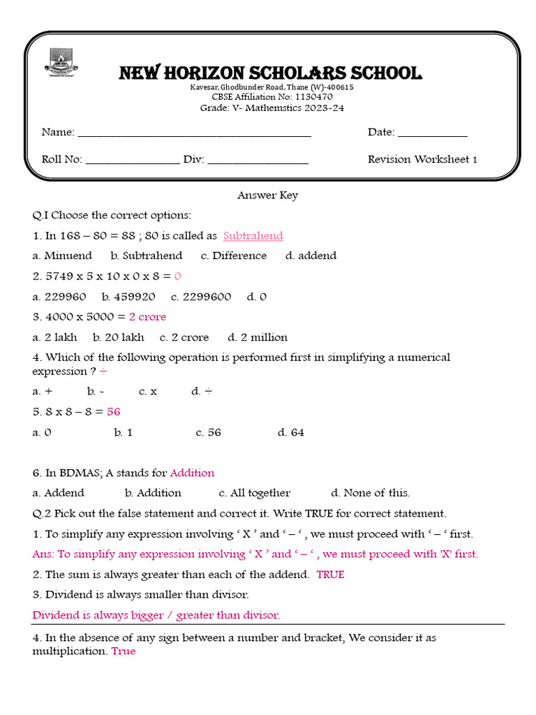 GR 5 TERM 1 Math Revision Worksheet - Ans Key | PDF | Division ...