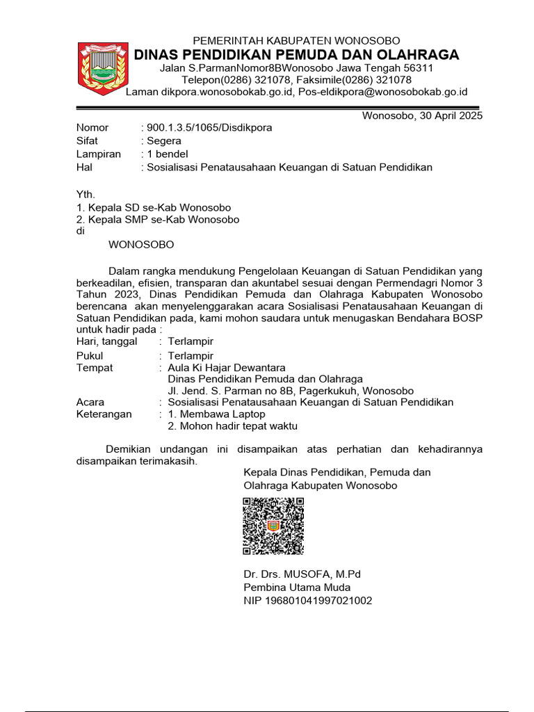 Undangan Rapat Sosialisasi Penatausahaan BOSP 2025 TTE | PDF
