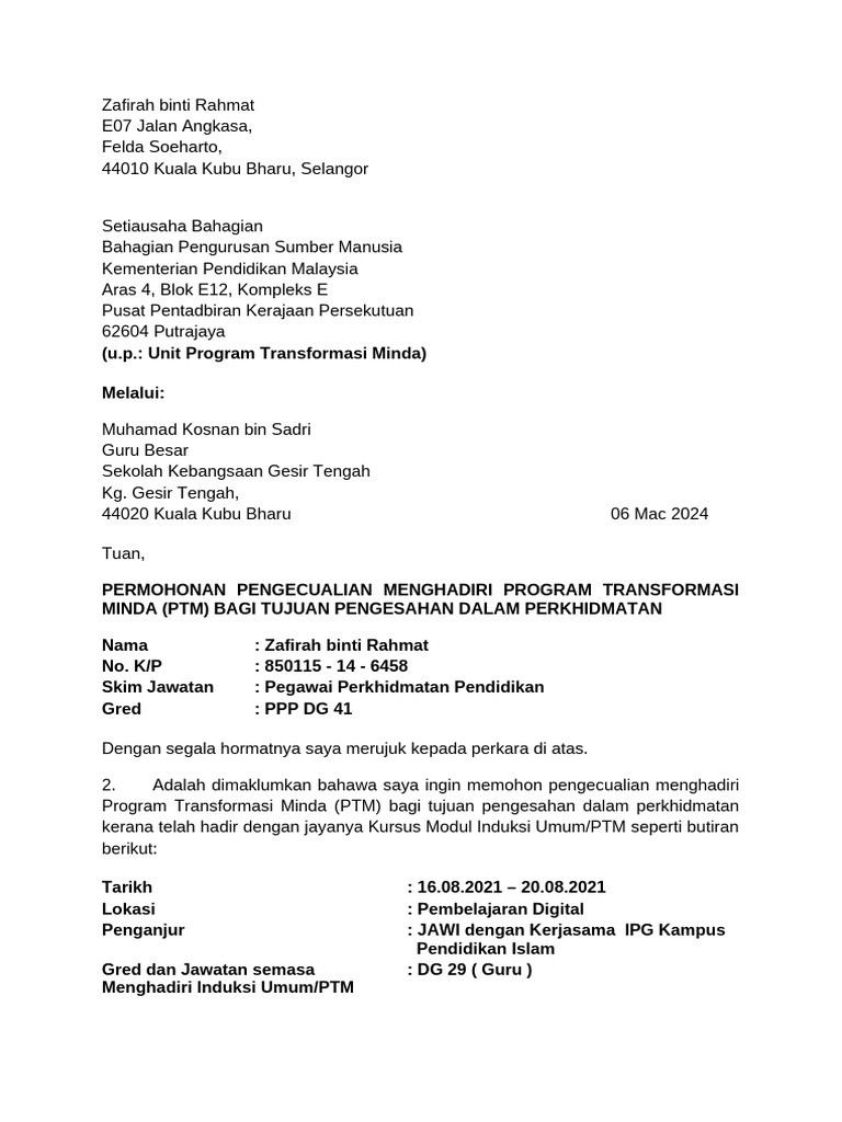 Zafirah Binti Rahmat (Surat Pengecualian PTM) | PDF