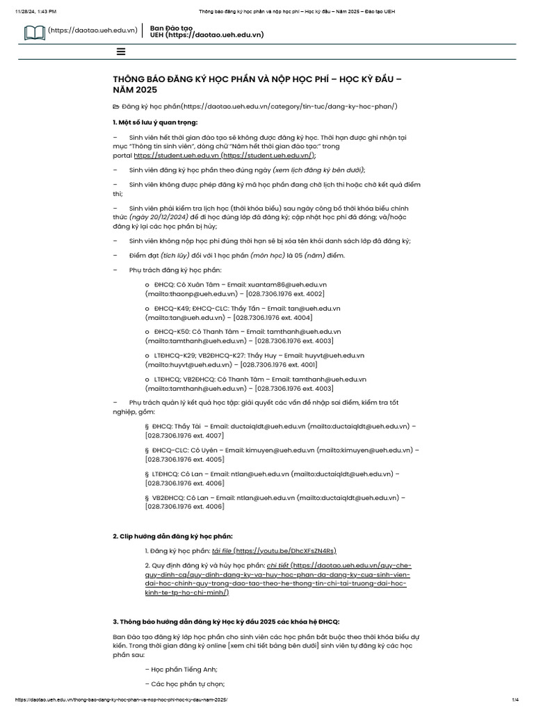 Thông báo đăng ký học phần và nộp học phí - Học kỳ đầu - Năm 2025 - Đào tạo UEH | PDF