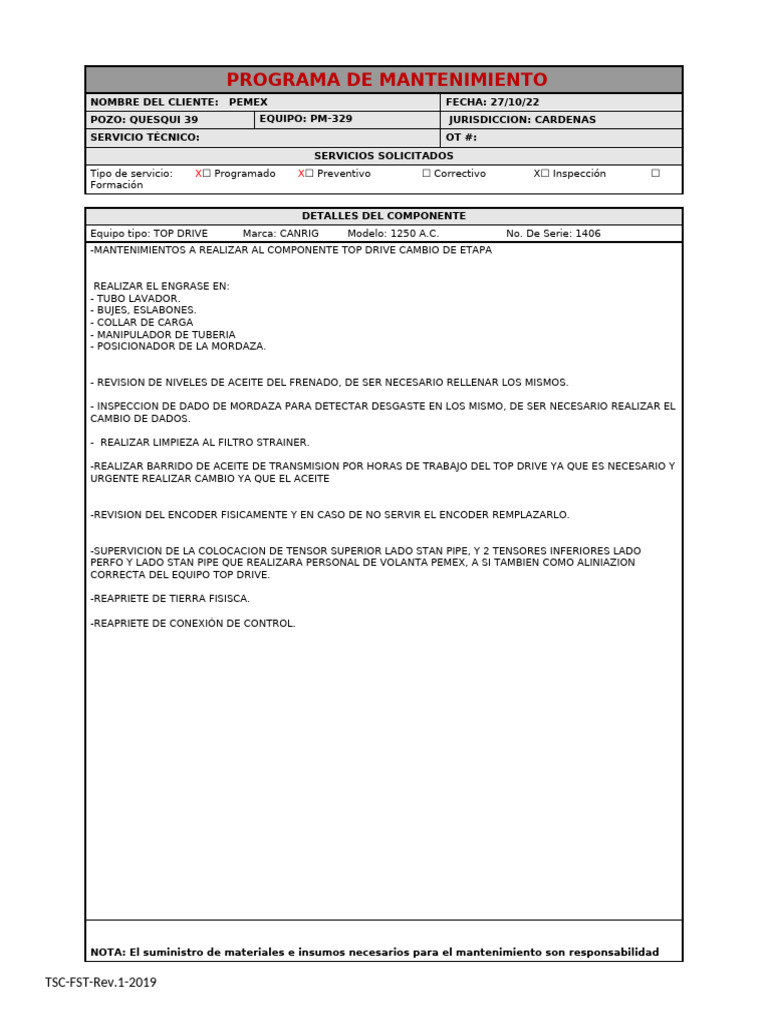 Programa Mantto. TD 329 | PDF