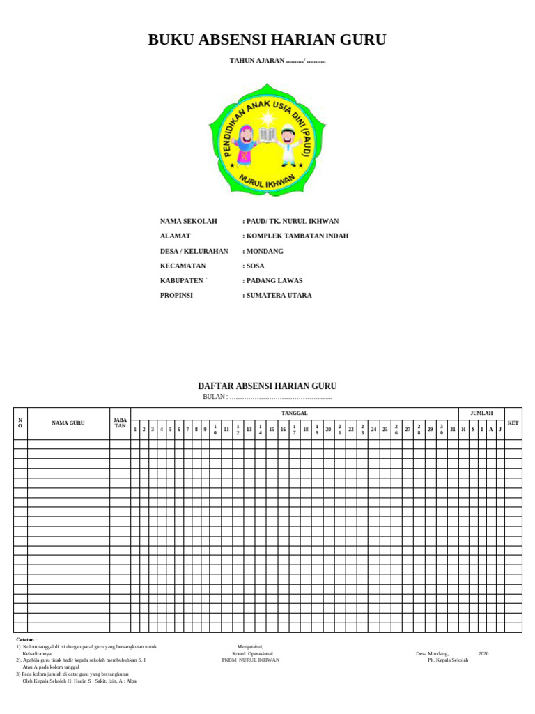 Buku Absensi Harian Guru TK Nurul Ikhwan | PDF