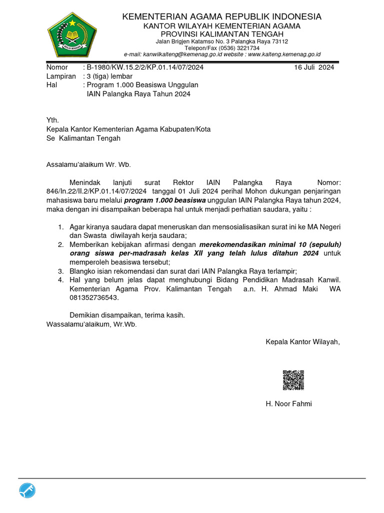 Surat Program 1000 Beasiswa Unggulan | PDF