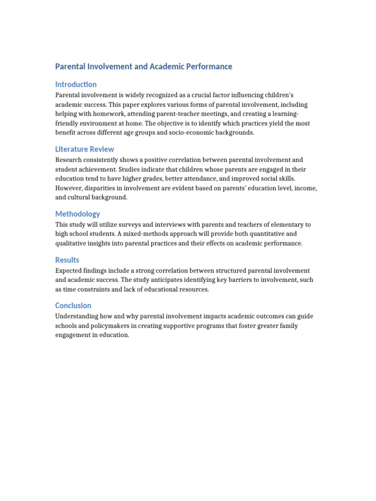 Parental Involvement and Academic Performance Research Paper | PDF
