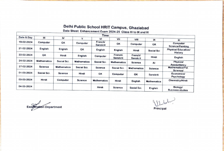 Date Sheet Enhancement Exam 2024-25 Class III To IX and XI | PDF ...