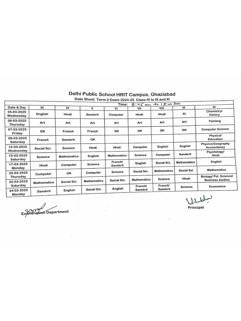 Annual Exam Date Sheet 2025 | PDF
