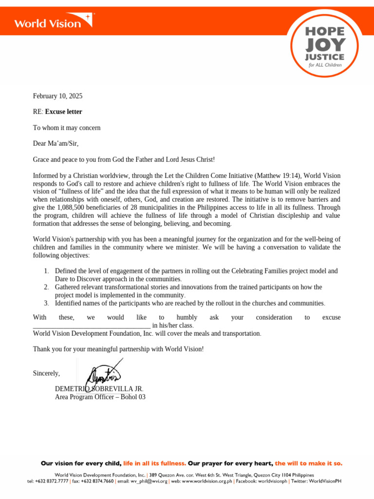 World Vision Excuse Letter Template | PDF