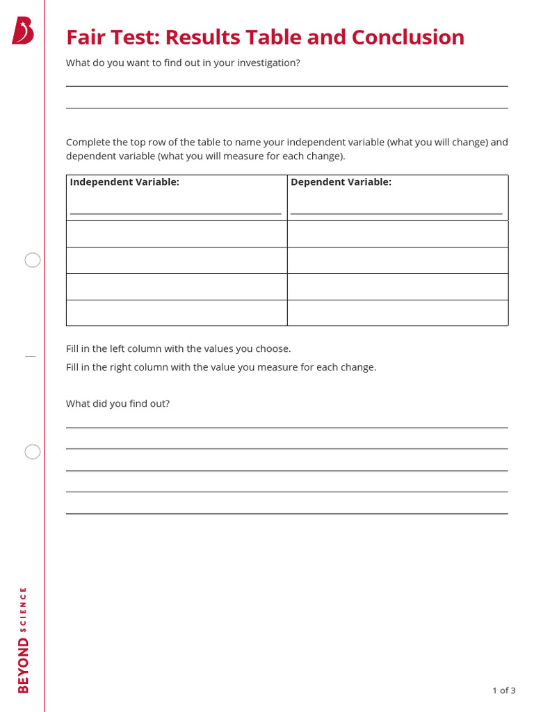 KS2 Fair Test - Results Table and Conclusion | PDF