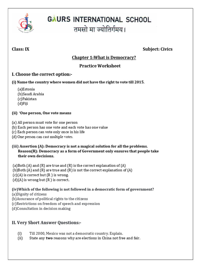 PRACTICE ASSESSMENT -CIVICS CHAPTER 1 | PDF | Democracy | Political ...