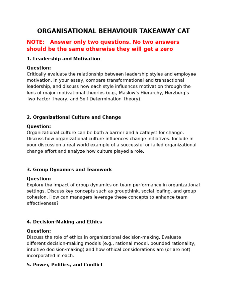 Organisational Behaviour Takeaway Cat | PDF | Organizational Behavior ...