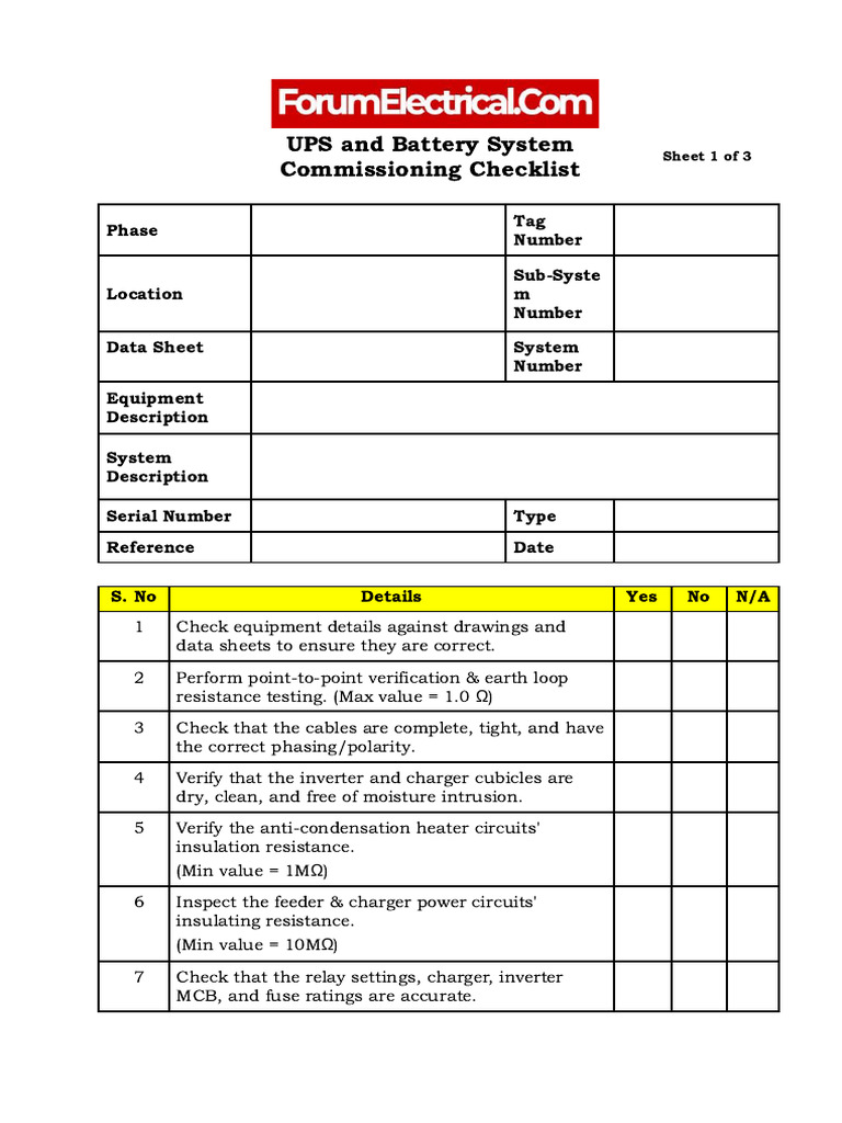 UPS and Battery System Commissioning Checklist Google Docs | PDF