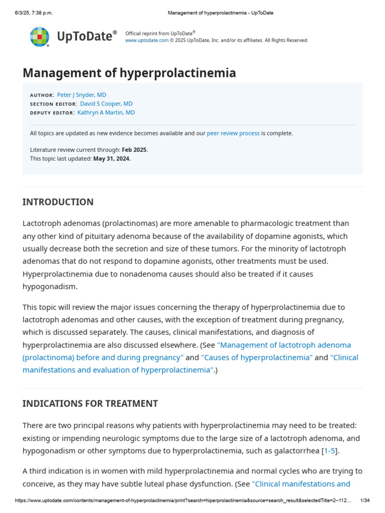 Management of Hyperprolactinemia - UpToDate | PDF | Endocrinology | Diseases And Disorders