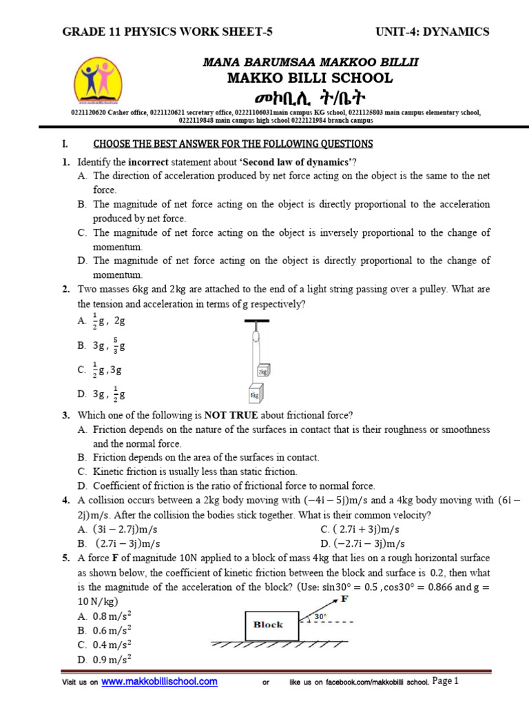 Grade 11 Physics Dynamics Worksheet | PDF | Force | Friction