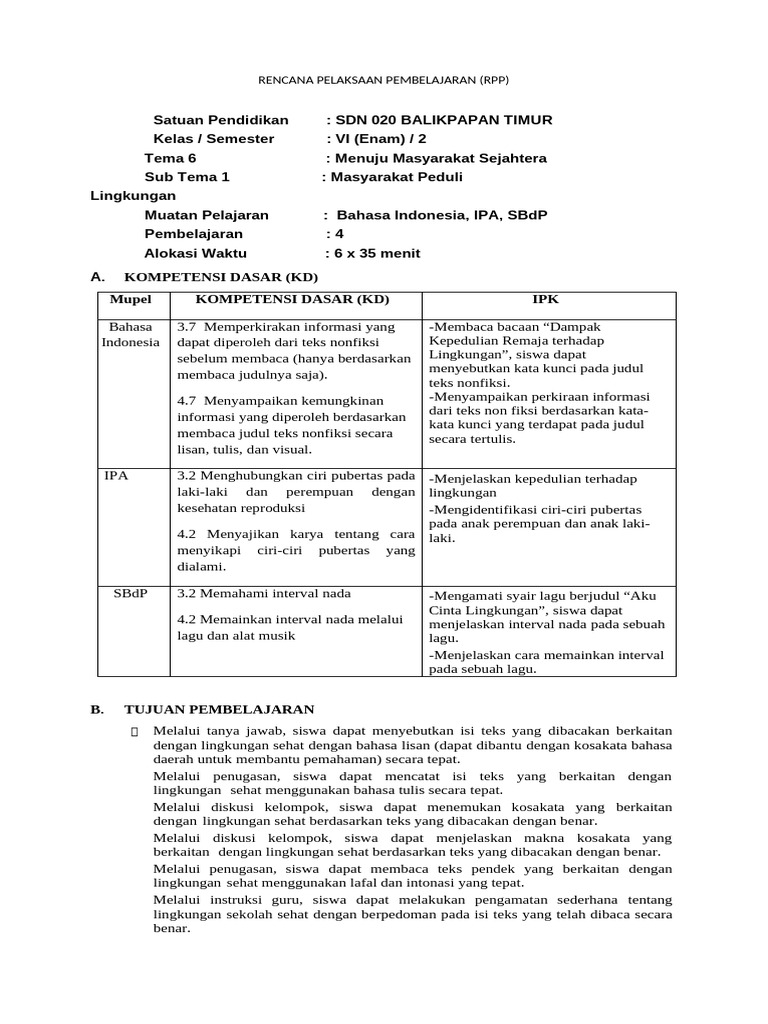 2.RPP KELAS 6 SEMESTER 2 Kebersihan - Fungsi Sanitasi - Dan - Drainase | PDF