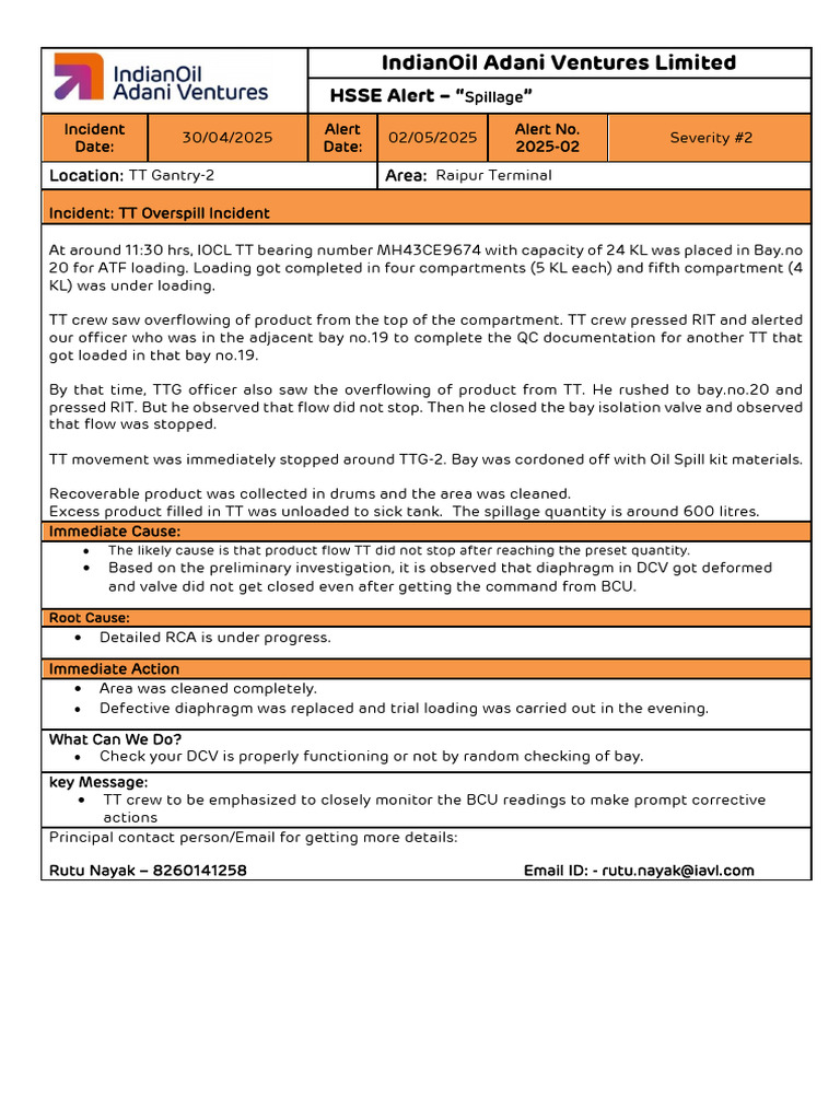 TT Spill Incident 30-04-25 RPR | PDF