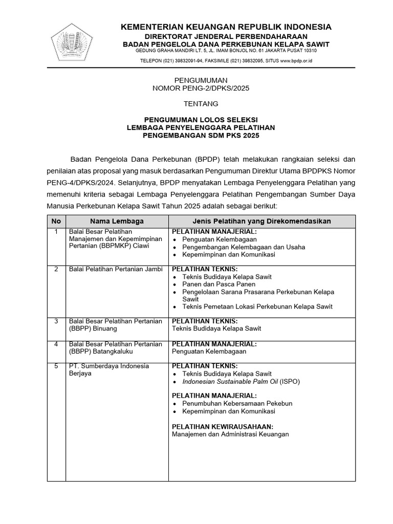 Pengumuman Lolos Seleksi Lembaga Penyelenggara Pelatihan Pengembangan Sdm Pks 2025 | PDF