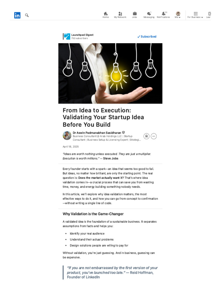 LinkedIn - From Idea To Execution - Validating Your Startup Idea Before You Build | PDF