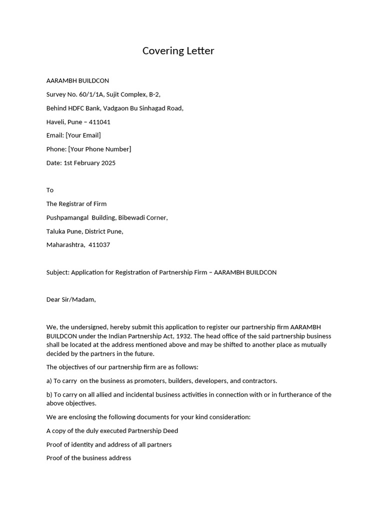 Covering Letter of Aarambh Buildcon. | PDF