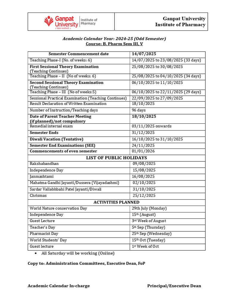 Ganpat University B. Pharm Calendar 2025-26 | PDF | Academic Term ...
